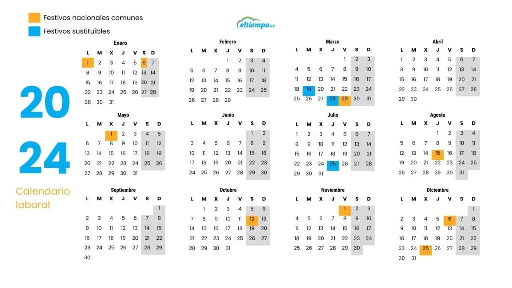 Calendario Anual 2024 Con Días Festivos Para Imprimir