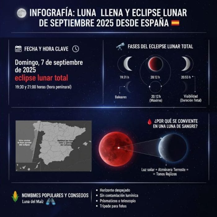 Este domingo la luna llena de septiembre llega con un eclipse lunar visible desde España ...